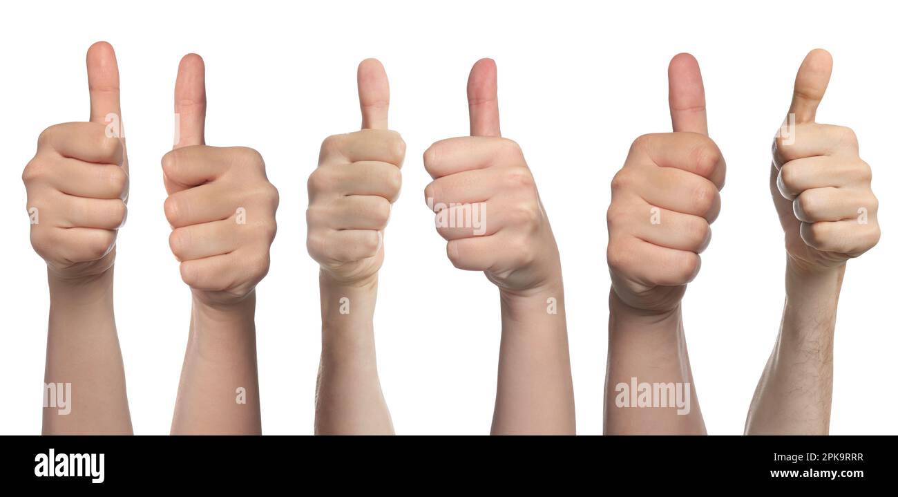 Collage with photos of people showing thumbs up gestures on white ...