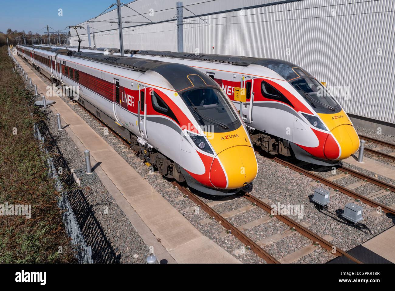 DONCASTER, UK - APRIL, 4 2023. Aerial view of new Hitachi Azuma AT300 Intercity passenger trains ...