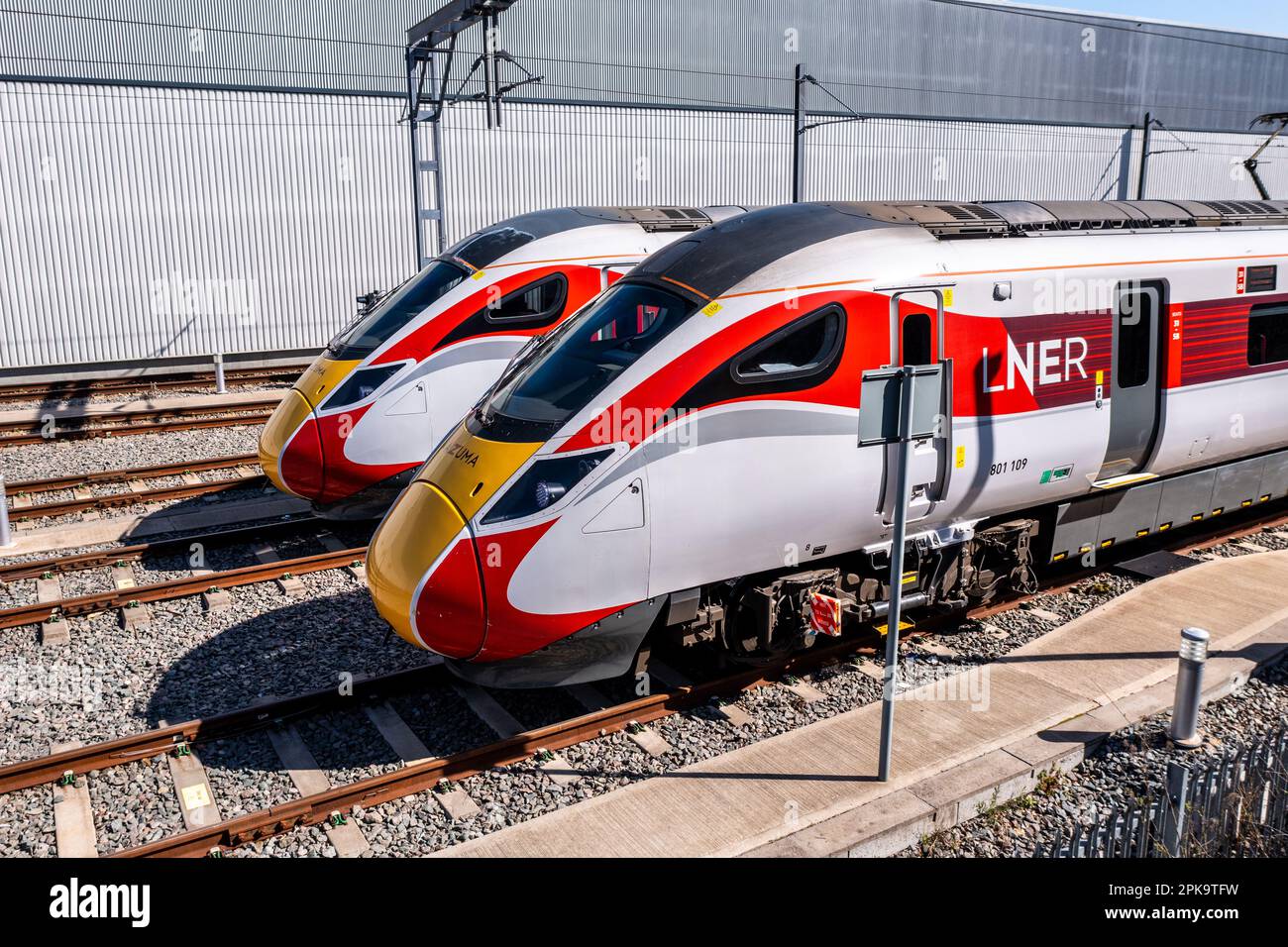 DONCASTER, UK - APRIL, 4 2023. Aerial view of new Hitachi Azuma AT300 Intercity passenger trains ...