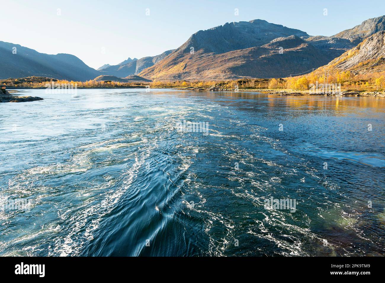 Norway, Lofoten, autumn fjord landscape near Svolvær, tidal flow Stock ...