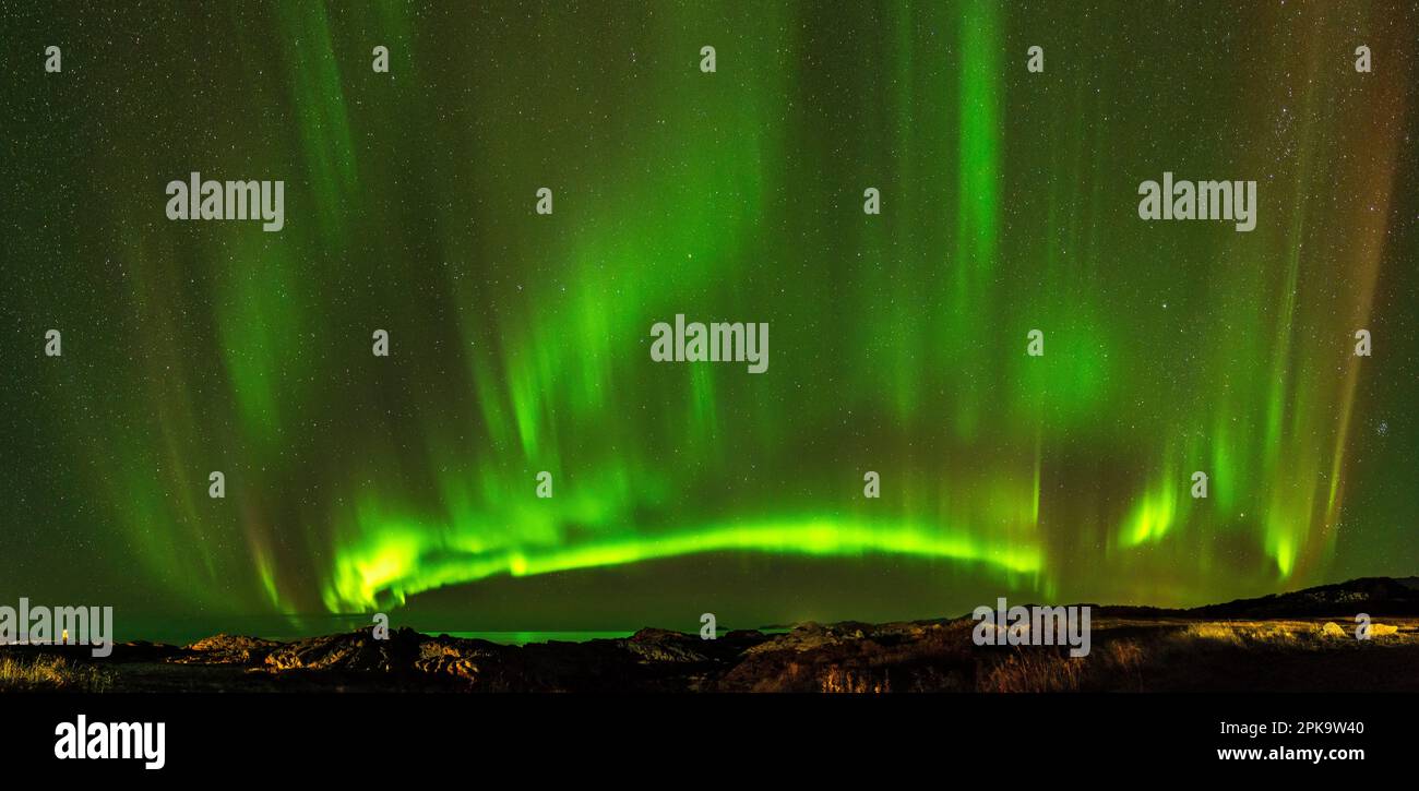 Panorama, Norway, Lofoten, Austvagoya, fishing village Laukvik with ...