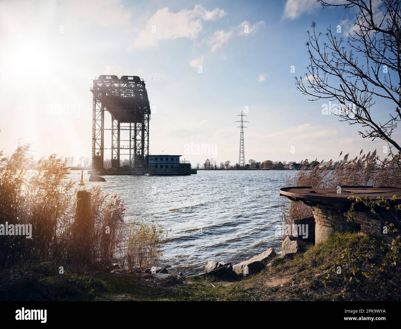 Usedom in autumn, Karnin, lift bridge, remains of railroad bridge in ...