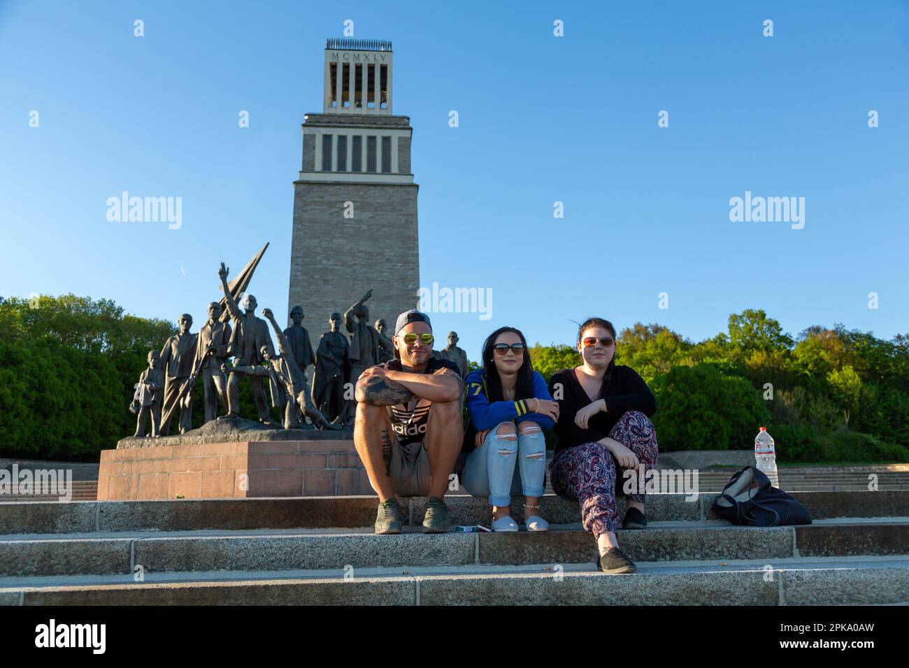 06.05.2018, Germany, Thuringia, Weimar - Young people at the Buchenwald ...