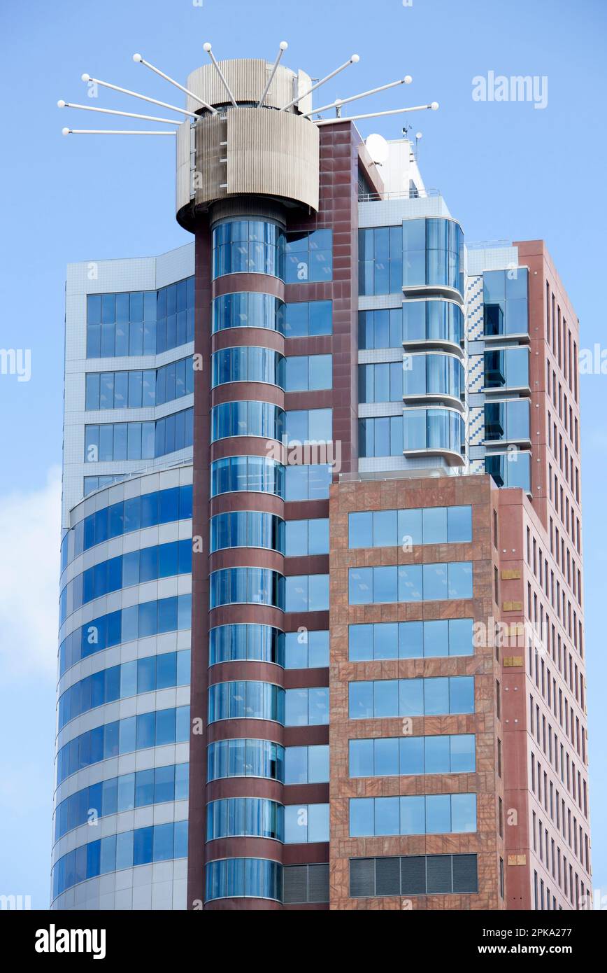 The abstract view of a colorful futuristic looking skyscraper in ...