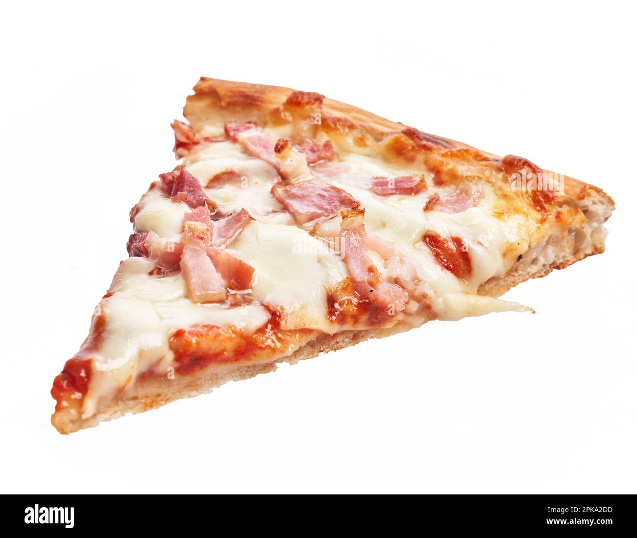 Slice of italian bacon pizza over white isolated background Stock Photo ...