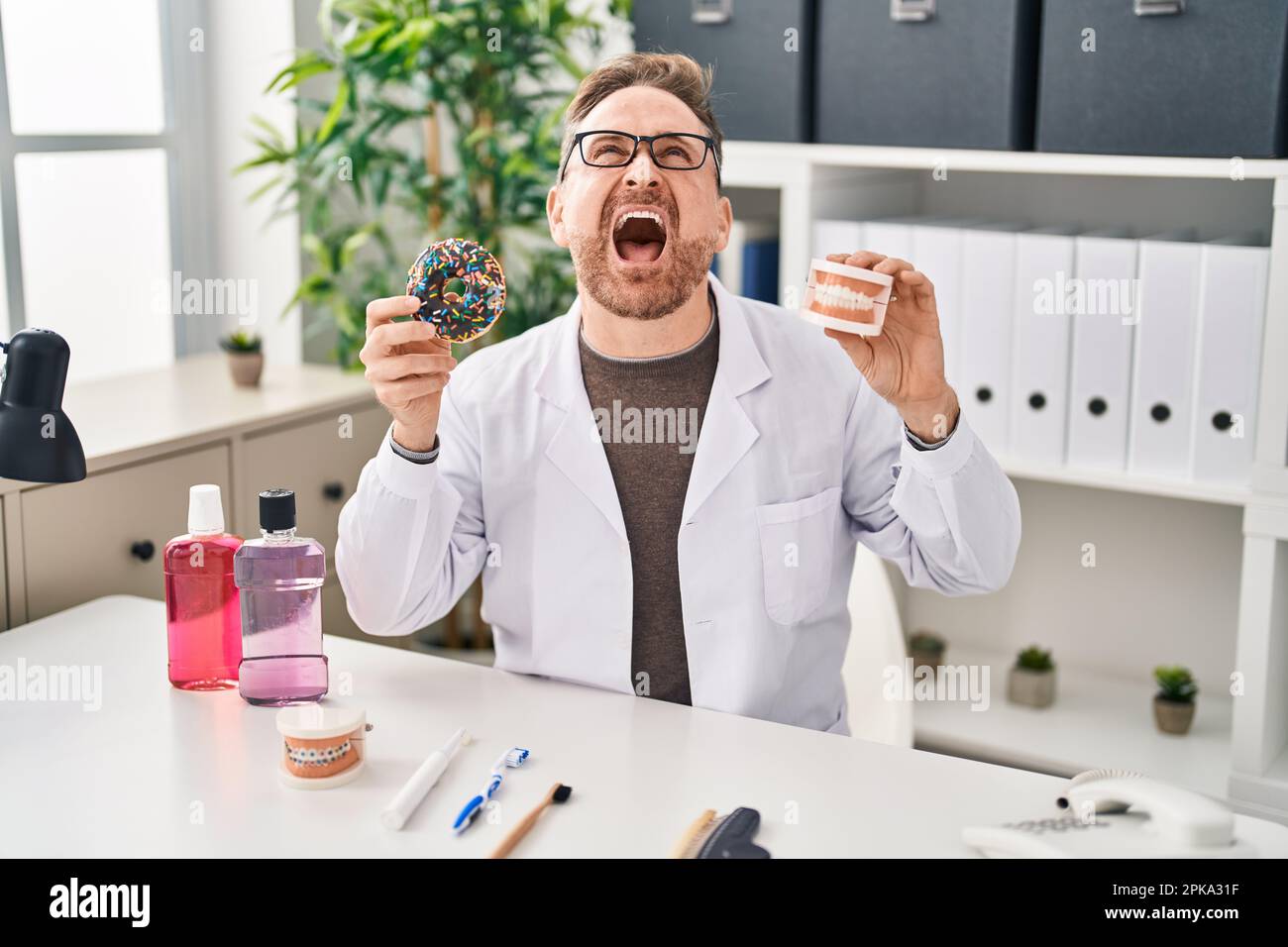 Middle age caucasian dentist man holding denture and doughnuts angry ...