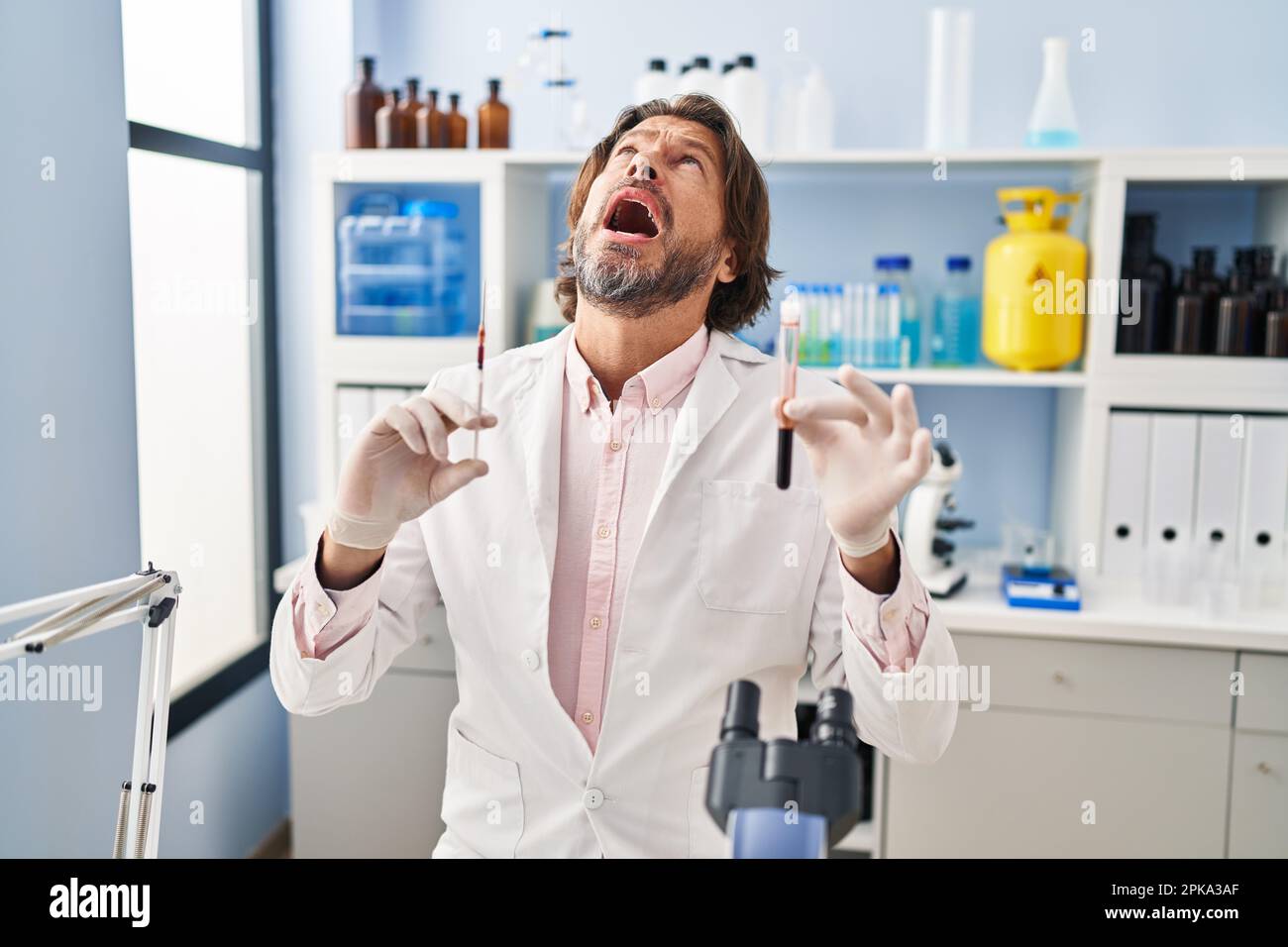 Handsome middle age man holding blood sample at biology laboratory ...