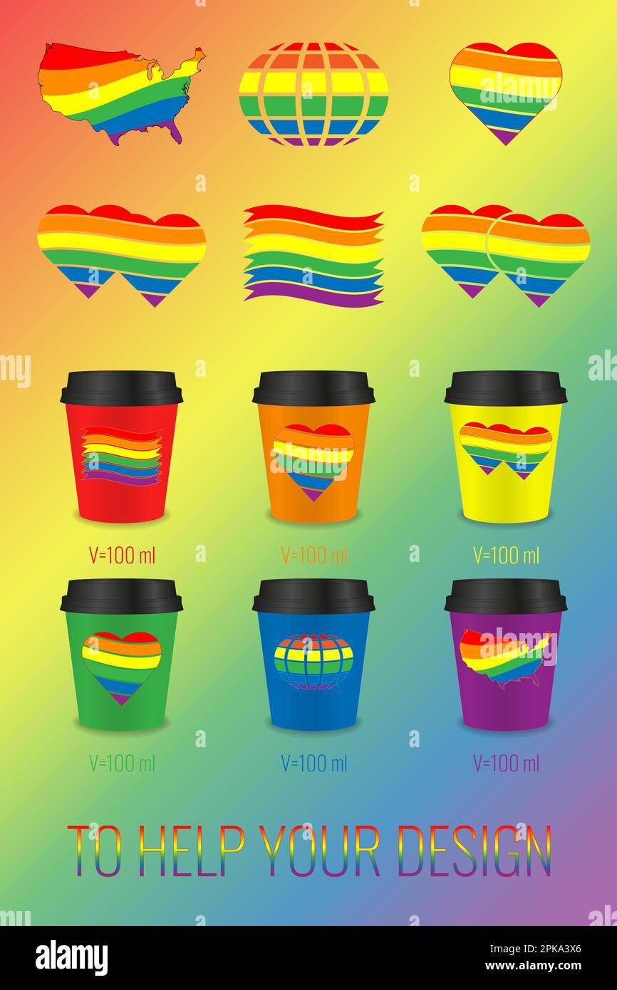 Set of illustrations of 100ml single layer paper cups with LGBT logos ...