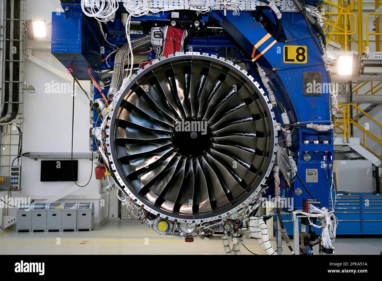 28.02.2023, Germany, Brandenburg, Dahlewitz - An aero engine model ...