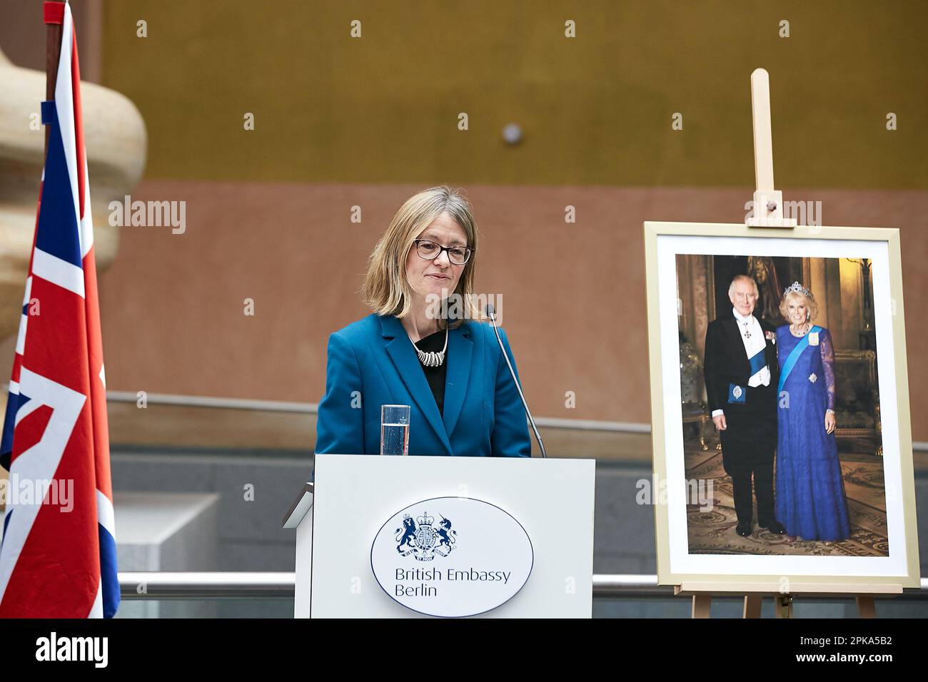 03.03.2023, Germany, Berlin, Berlin - British Ambassador Jill Gallard at a press conference at ...