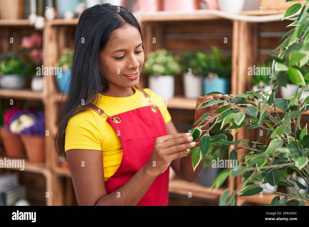 Young beautiful woman florist smiling confident touching sheet at ... Young beautiful woman florist smiling confident touching sheet at ...