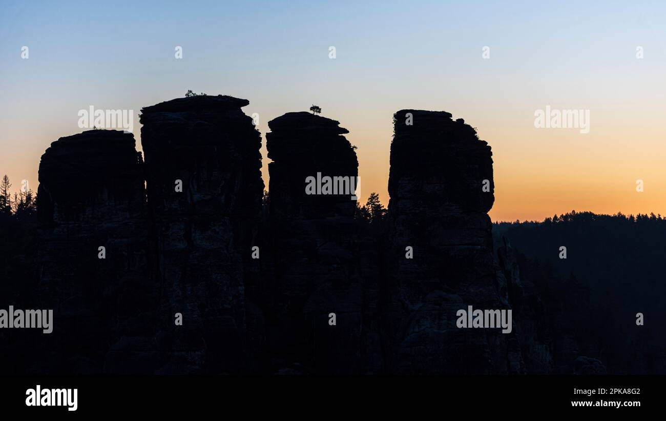 Elbe Sandstone Mountains Saxon Switzerland: Impressions during sunrise ...