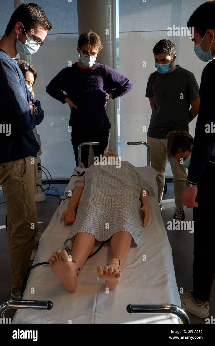 5th year medical students during a SimMan dummy cardiac massage ...