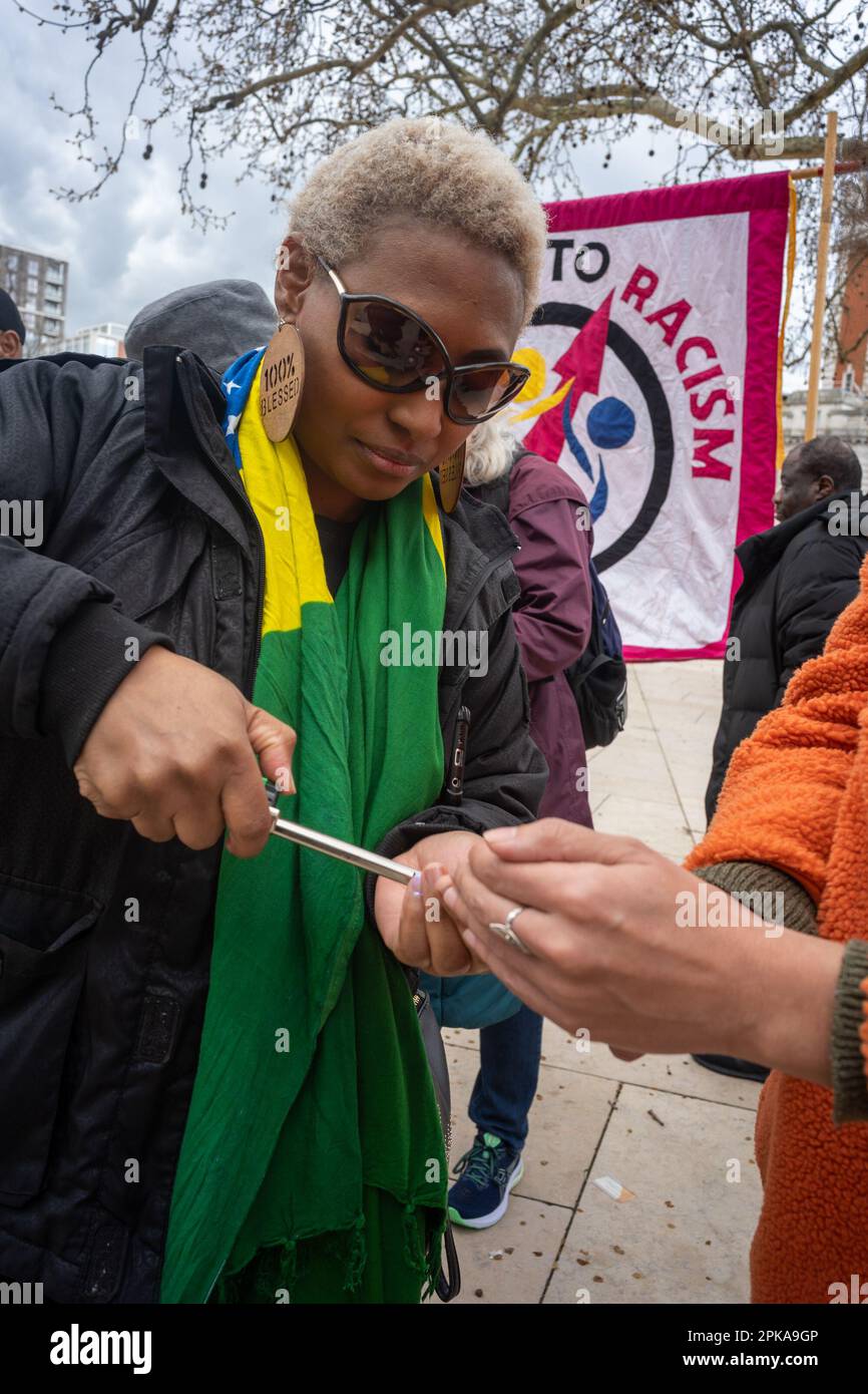 London, UK. 6th Apr 2023. People gathered in Windrush Square in Brixton ...