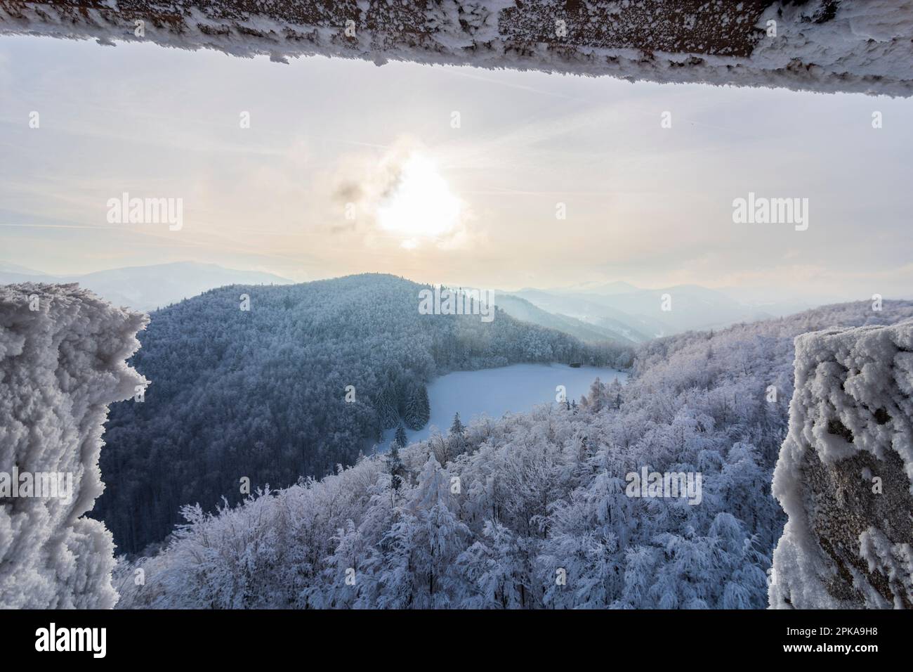 Kaumberg, view from tower of Araburg Castle, view to Gutenstein Alps ...