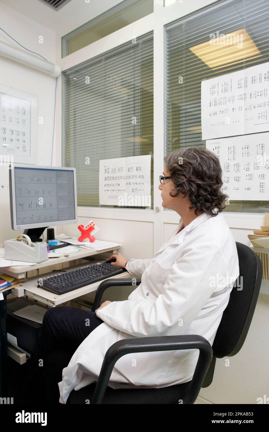 Cytogenetics laboratory, surrounded by karyotypes, a doctor analyzes ...