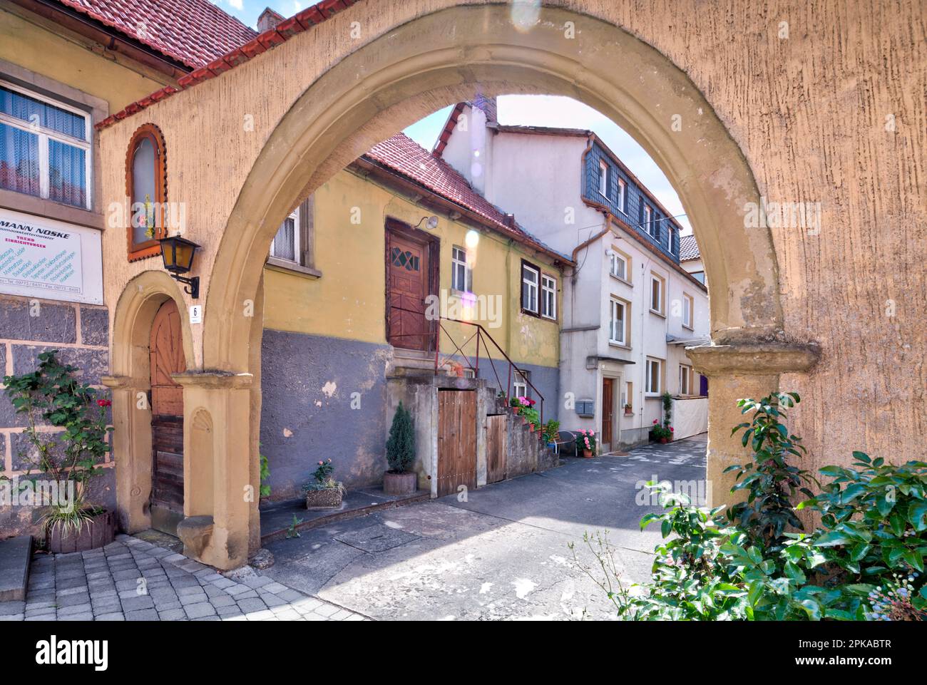 House facade, driveway, archway, village view, summer, Heustreu, Rhön ...