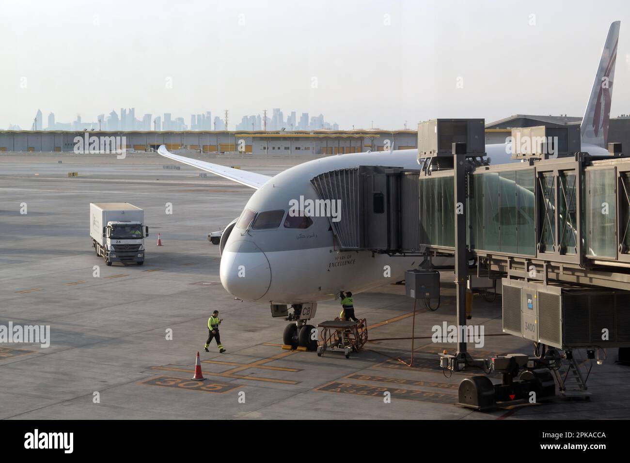 21.02.2023, Qatar, , Doha - Plane on the apron of the airport in front ...