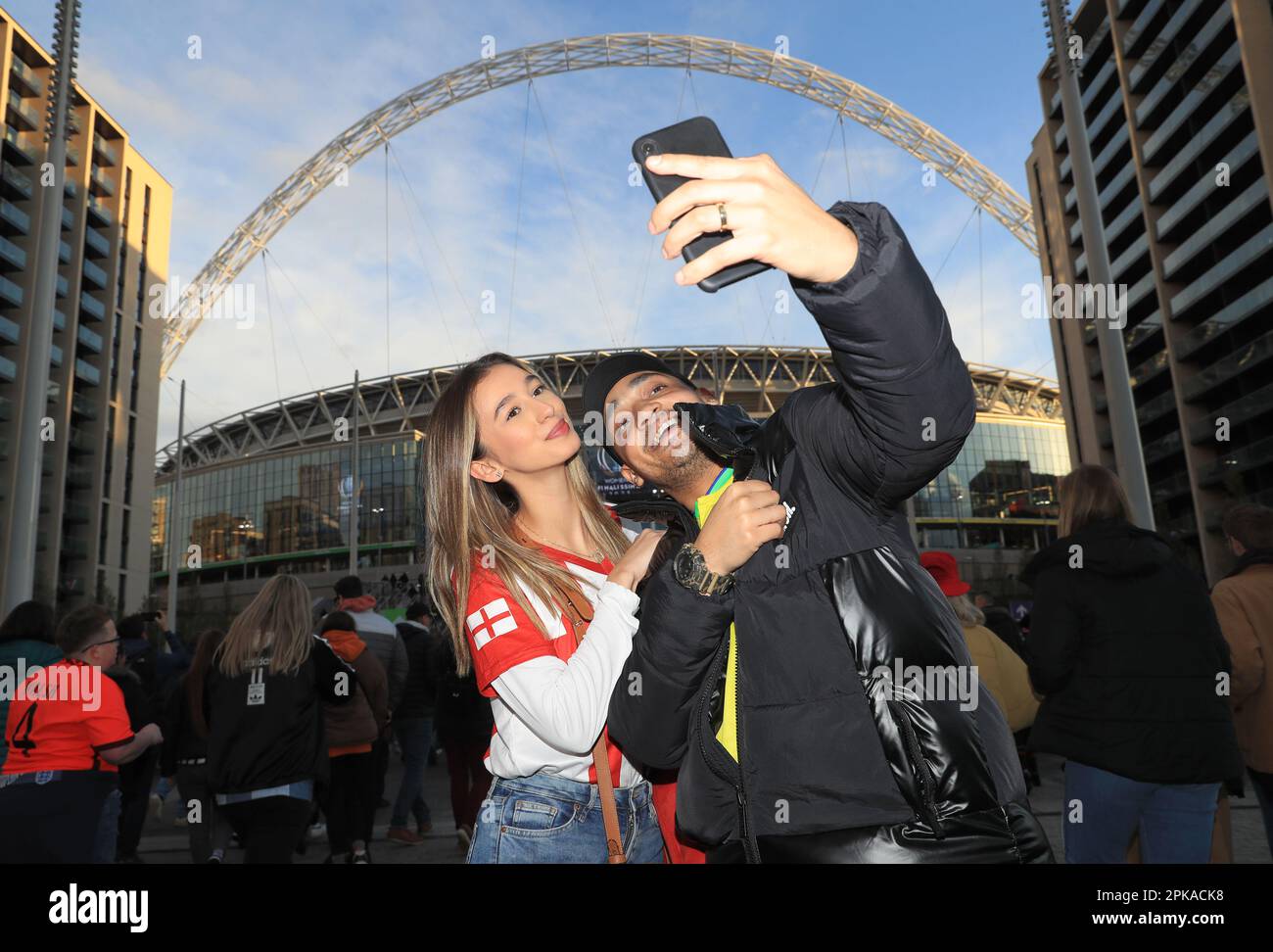 Fans pose for a photo on Wembley Way ahead of the Women's Finalissima ...