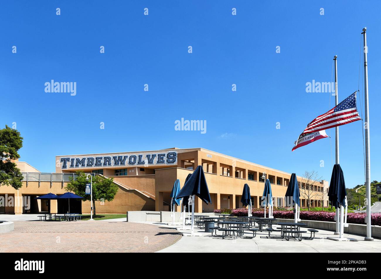 IRVINE, CALIFORNIA - 2 APR 2023: Timberwolves sign overlooking the Quad ...