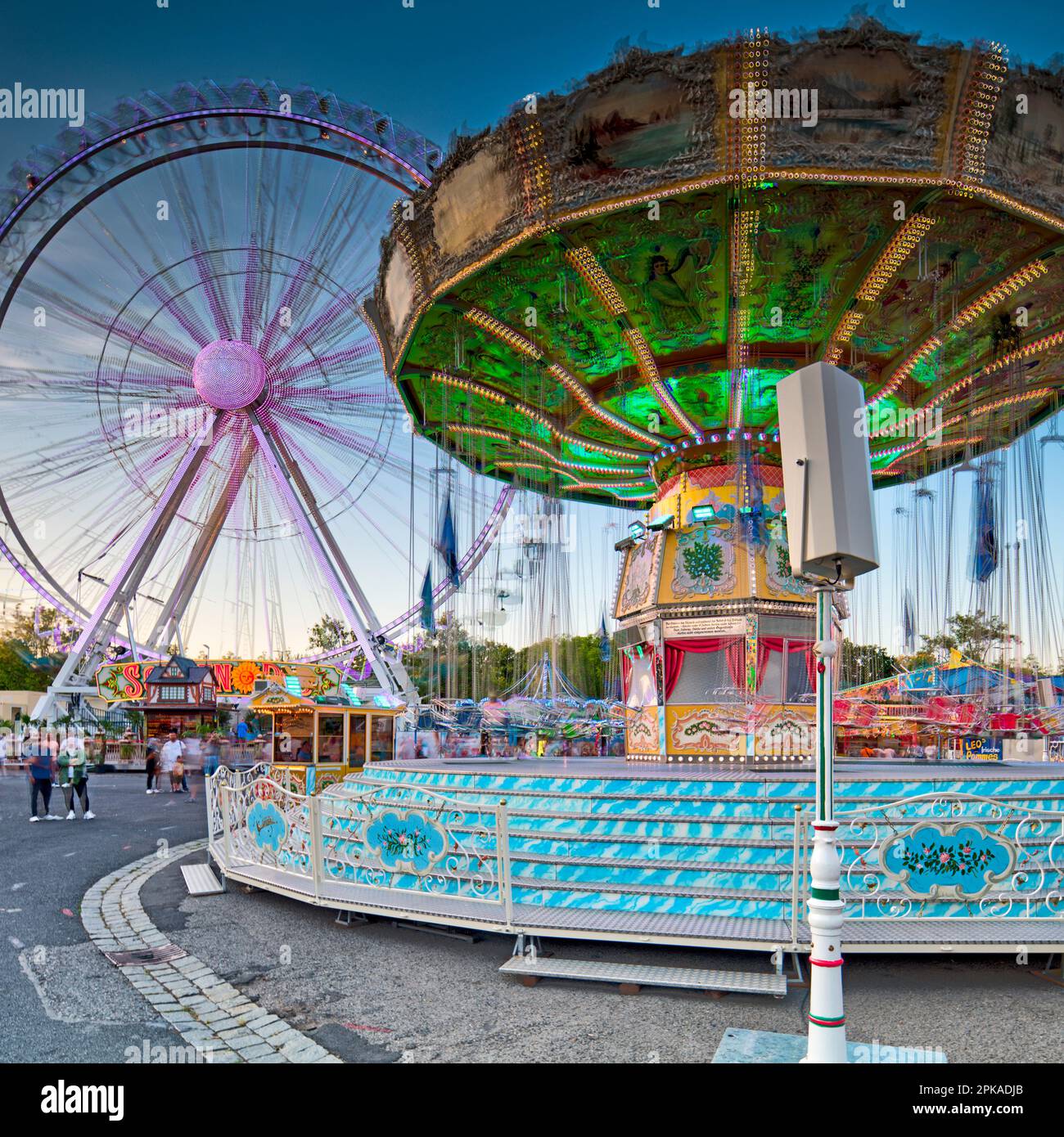 Folk festival, Ferris wheel, fair, carnival, chain carousel, blue hour ...