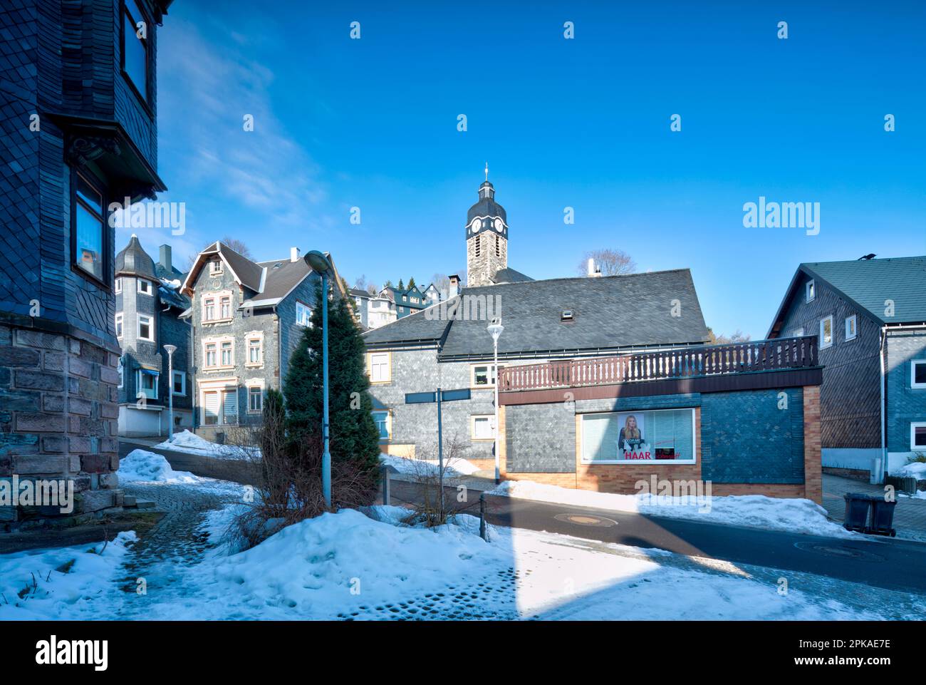 Protestant town church, half-timbering, slate cladding, house facade ...