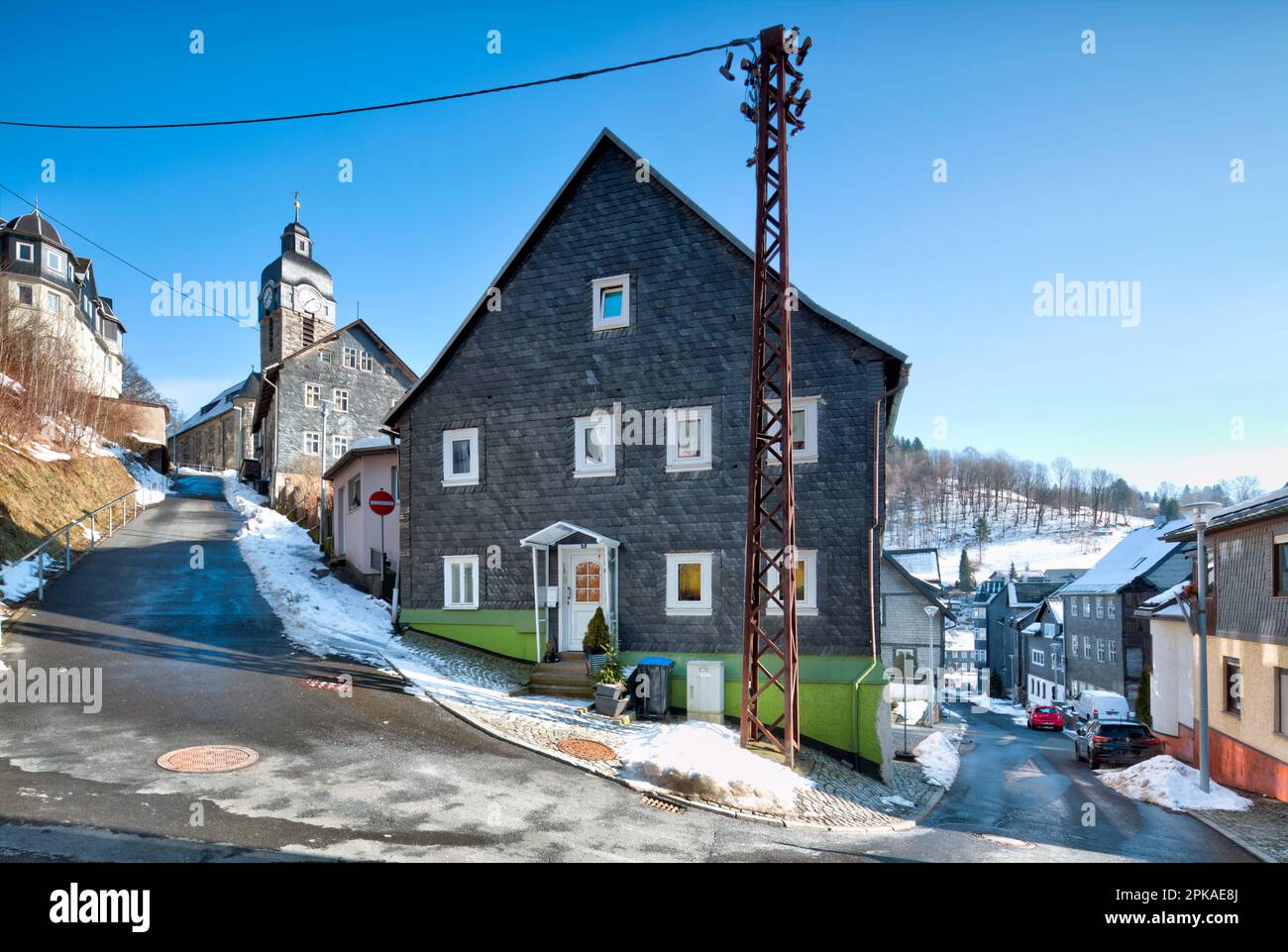 Protestant town church, half-timbering, slate cladding, house facade ...