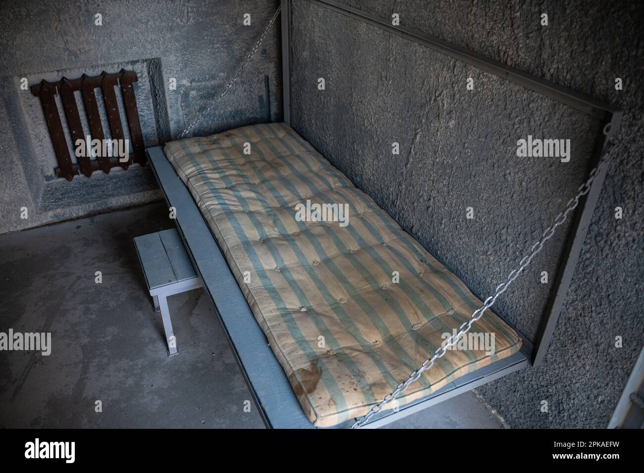 08.02.2023, Germany, , Berlin - Europe - A dummy of the punishment cell ...