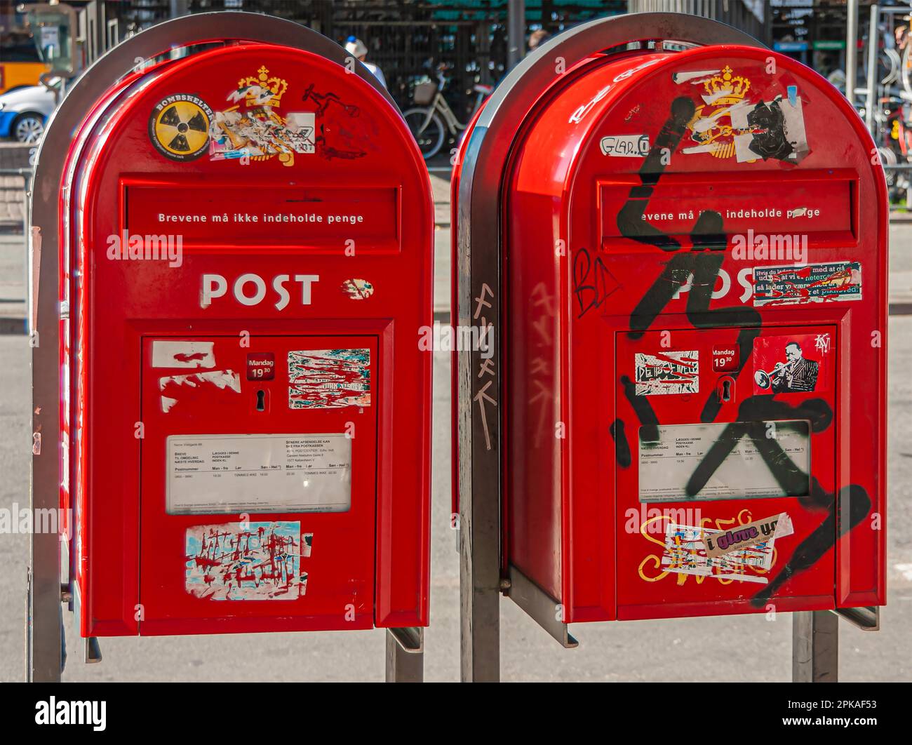 Copenhagen, Denmark - September 13, 2010: Closeup of 2 red public ...
