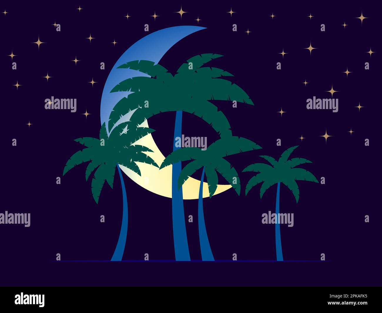 Night landscape with palm trees and crescent moon. Night sky with moon ...