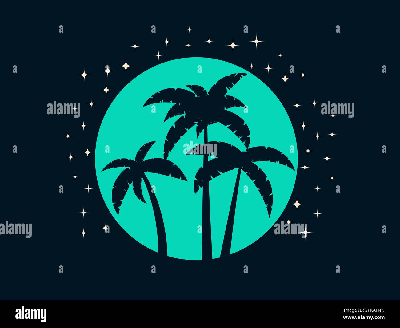 Black contour of palm trees on the background of the moon in vintage ...