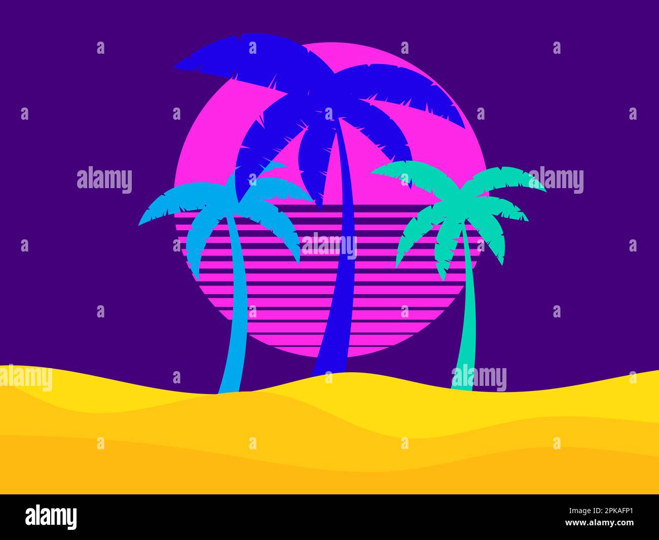 Colorful palm trees on retro sun pink background. Minimalistic desert ...