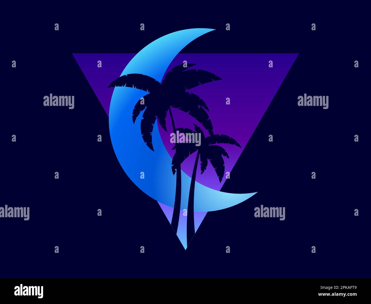 Gradient crescent with palm trees in a futuristic 80s style. Banner ...