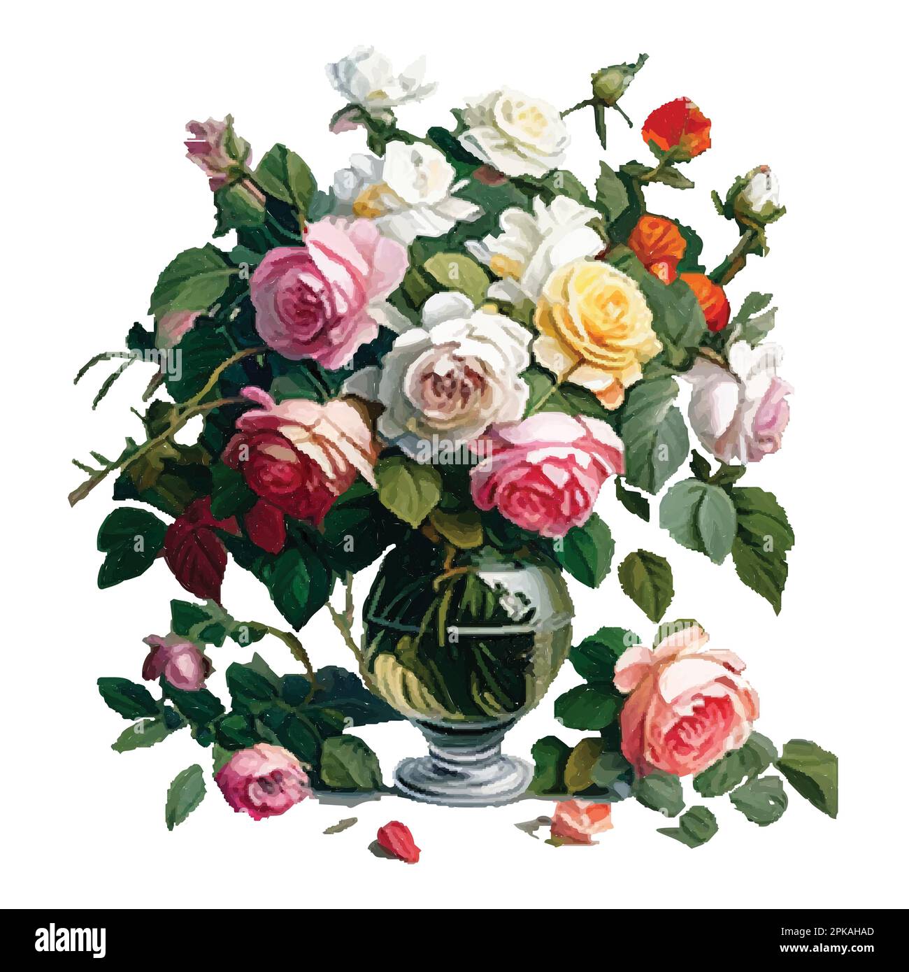 Vector bouqet with Roses in vase. Collection magenta flowers, leaves ...