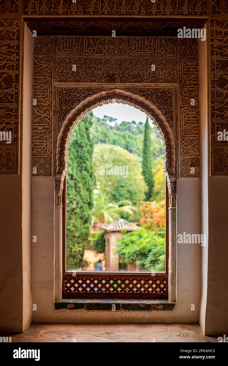Window decorated with reliefs from the Nasrid palaces of the Alhambra ...