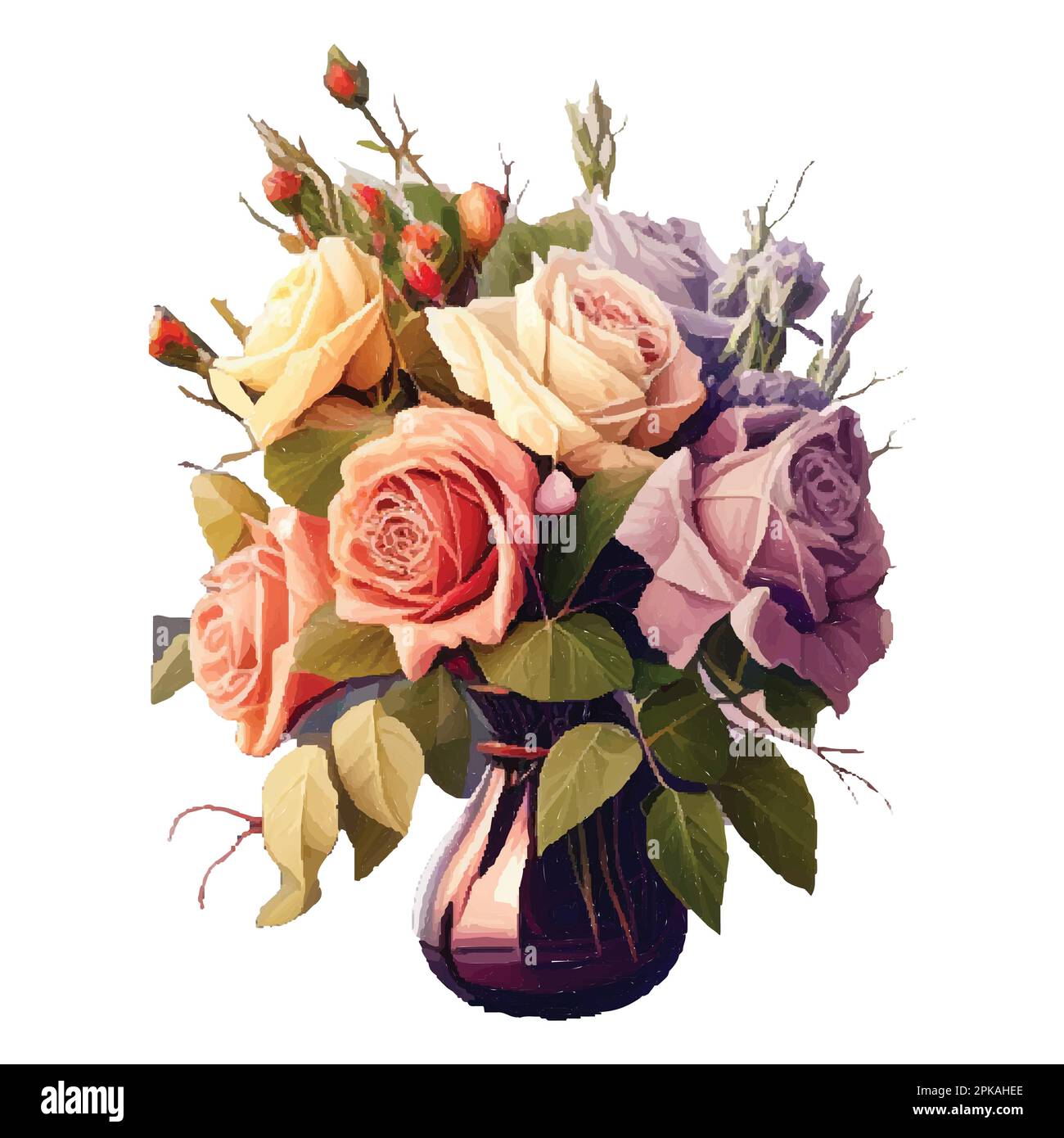 Vector bouqet with Roses in vase. Collection magenta flowers, leaves ...
