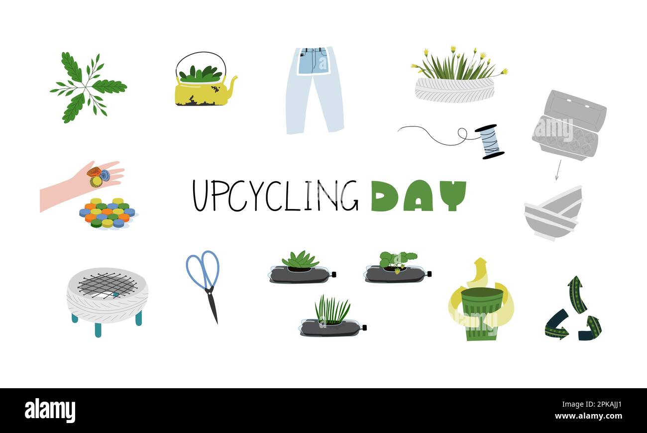 Waste recycling banner with ideas of garbage recycle. Set of objects ...