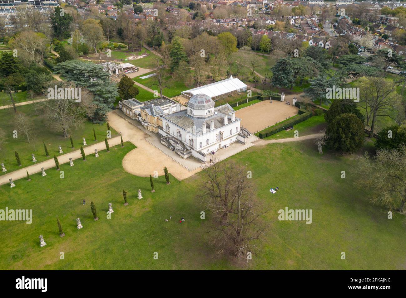Aerial view of Chiswick House in Chiswick Park, Chiswick, London, UK ...