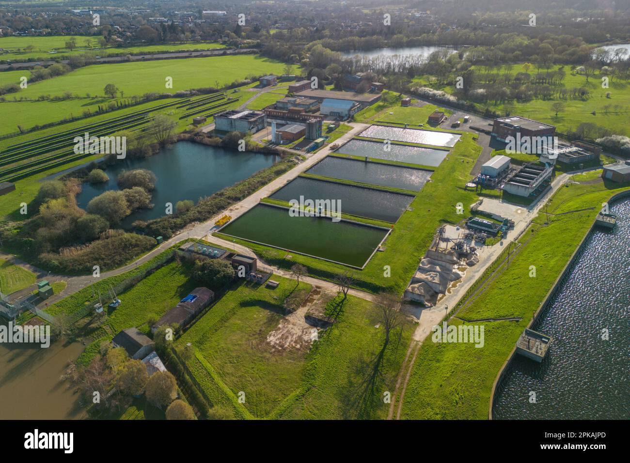 Aerial view of Chertsey Water Treatment Work (Affinity Water) beside ...