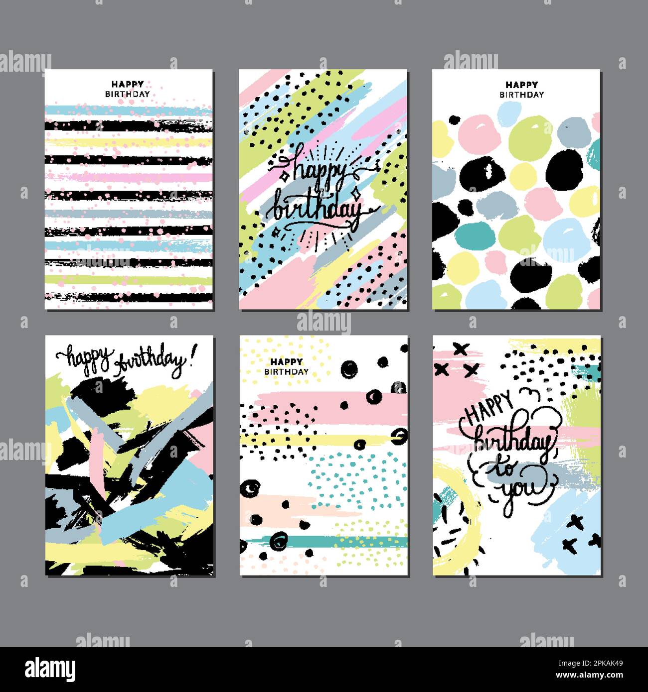 Set of birthday greeting cards design. Set of trendy hand drawn design ...