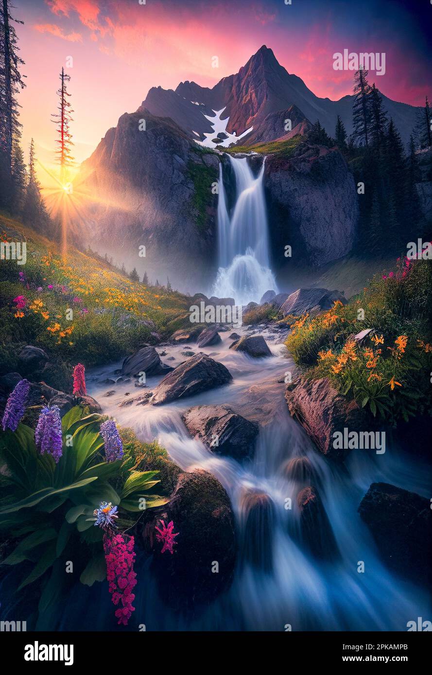 A beautiful landscape featuring a cascading waterfall and a river ...