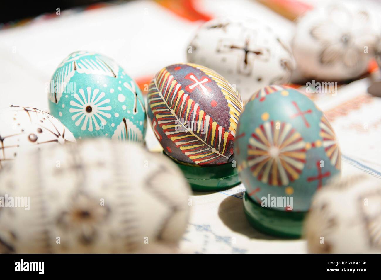 Painted Easter eggs seen during a masterclass titled 'Easter paintings' in order to preserve ...