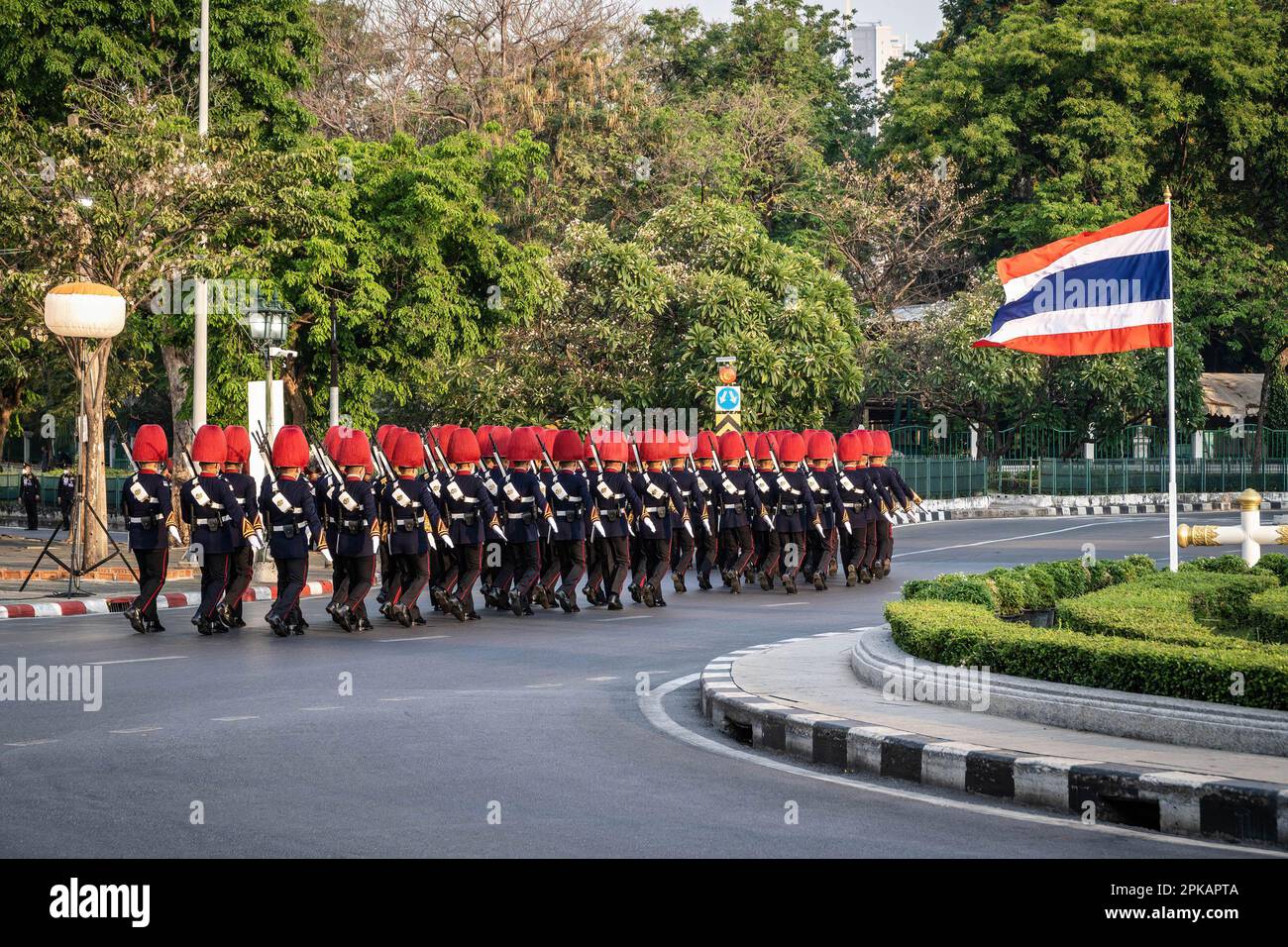 The royal guard march around the King Rama I monument, during the ...