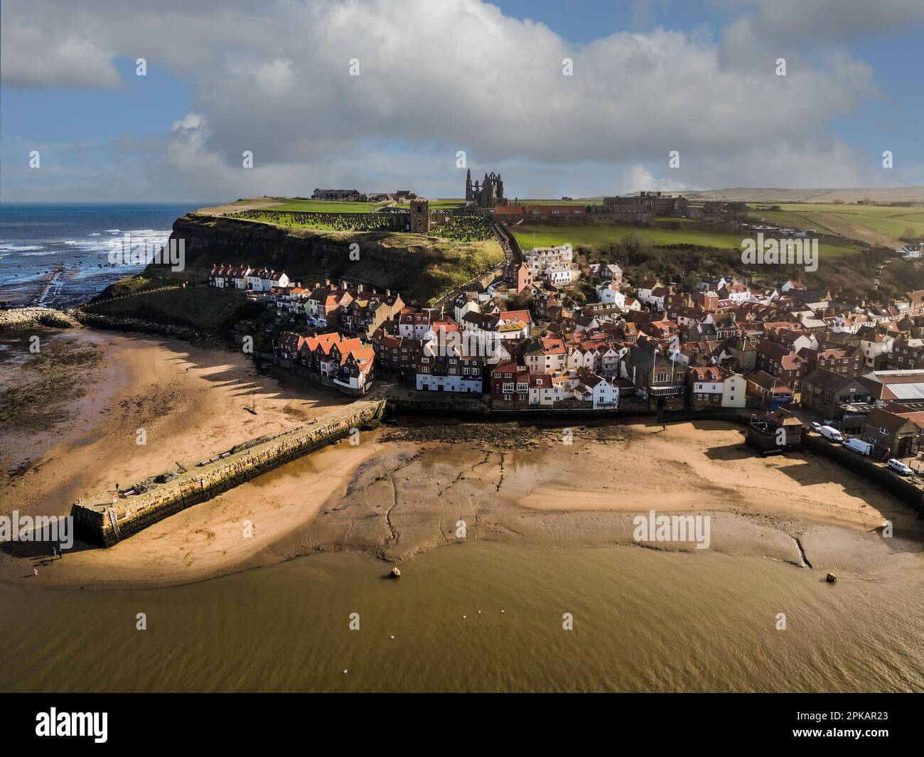 Aerial shot of Whitby, North Yorkshire, UK showing some of the town and ...