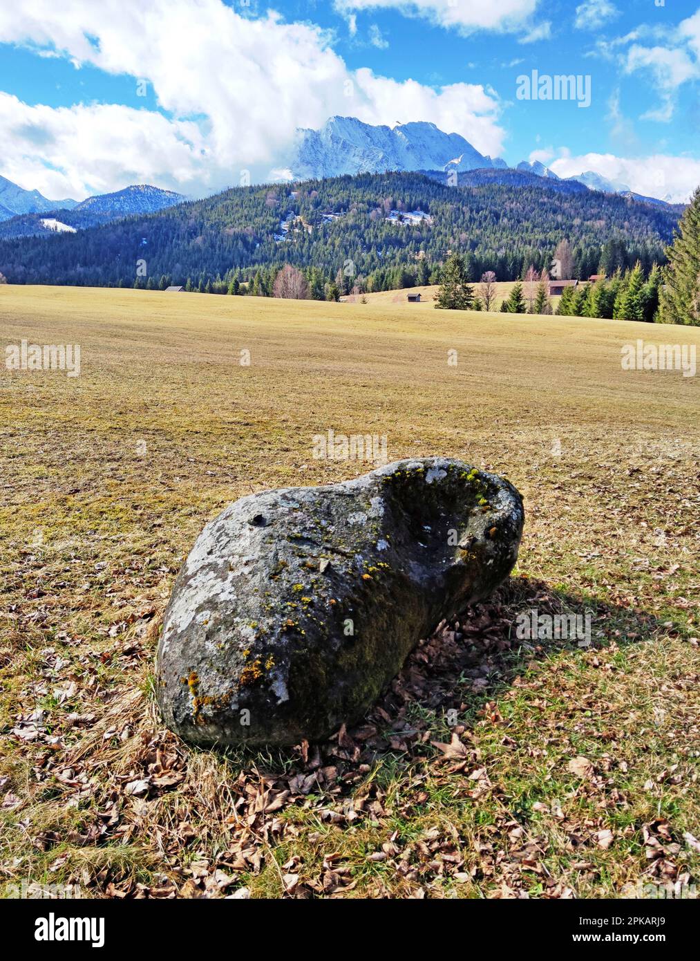 Erratic block from the ice age on the humpback meadows near Mittenwald ...