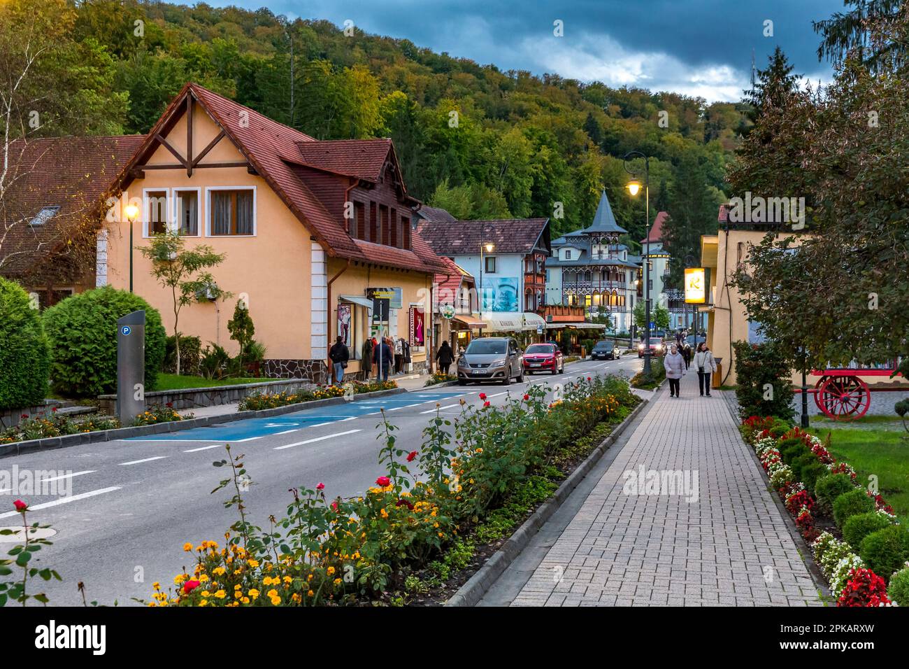 Spa houses in the center of Sovata at dusk, Mures County, Transylvania ...