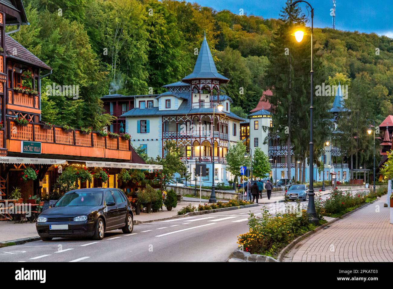 Spa houses in the center of Sovata at dusk, Mures County, Transylvania ...