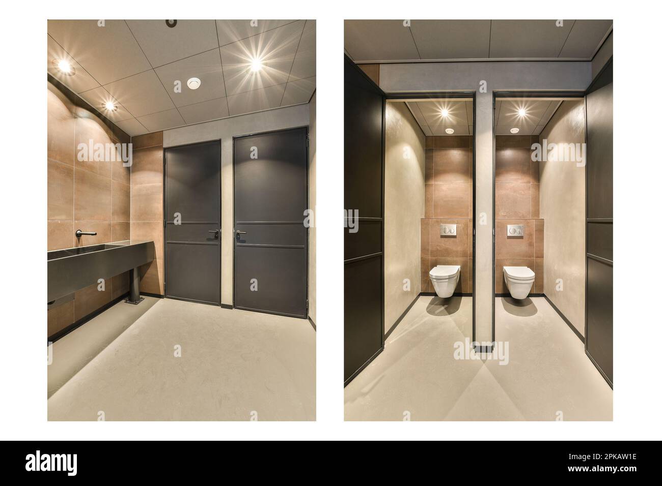 a bathroom with two doors and a toilet in the middle one door is open ...