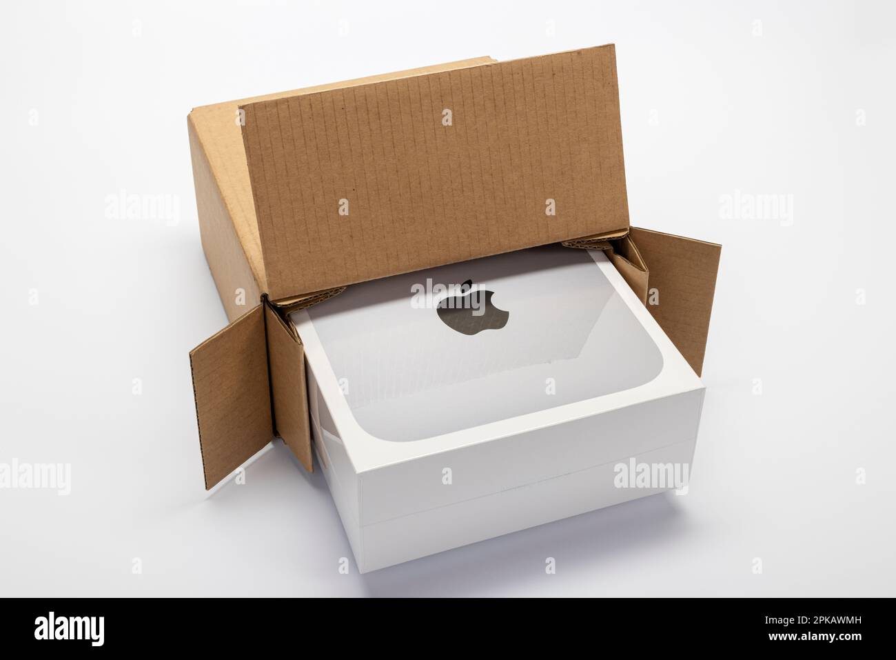 Apple Mac mini with M1 chip, shipping box, opened, white background ...