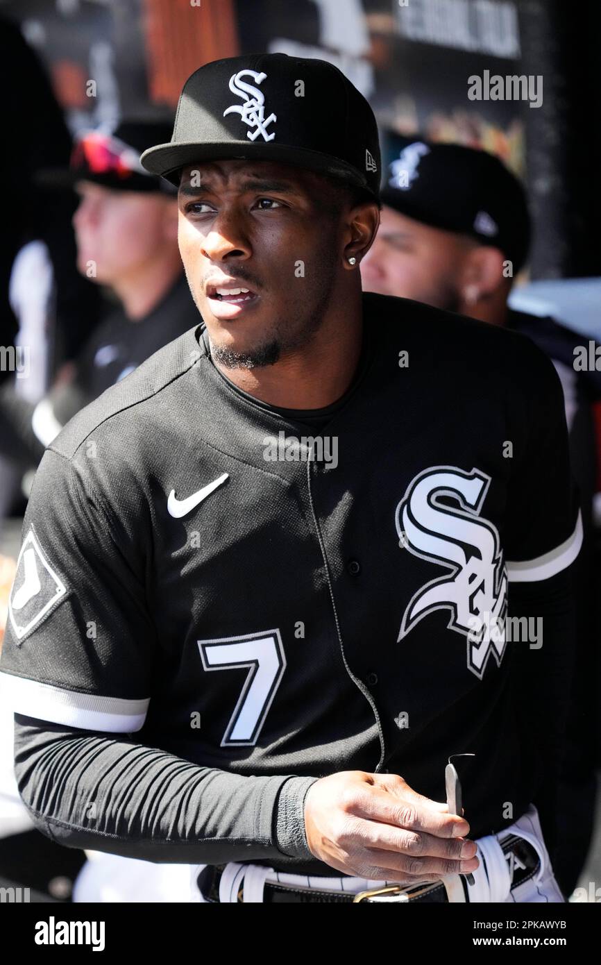 Chicago White Sox's Tim Anderson looks to the field before a baseball game against the San ...